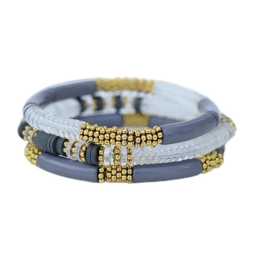 Conjunto de 3 unids/set de pulseras con cuentas de bambú multicapa para mujer, joyería de fiesta ...