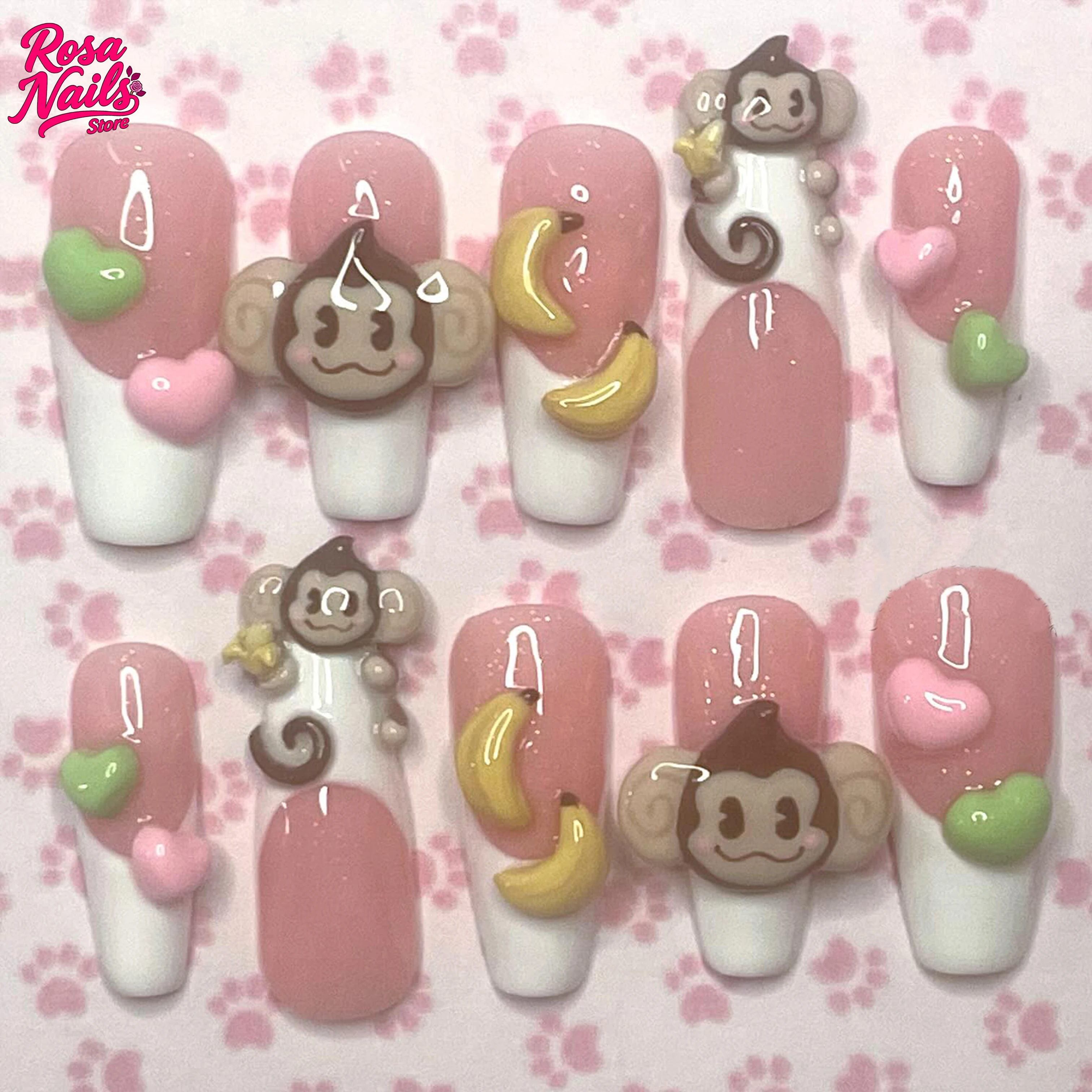 10pcs Press on Nails Handmade French Tip Monkey 3D Hand Sculpted ...