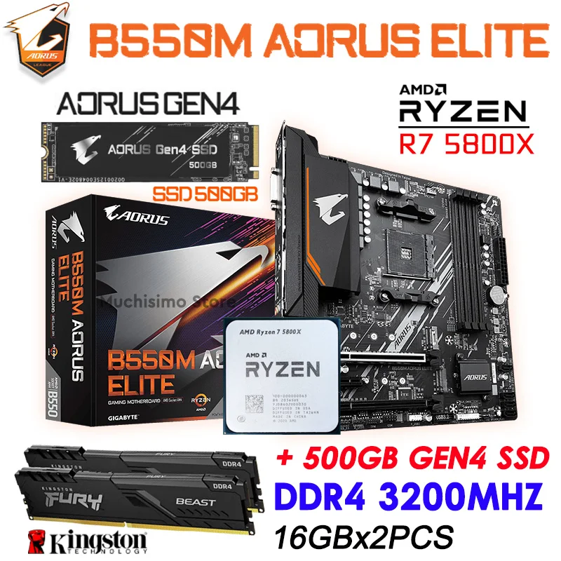 Placa-mãe AMD RYZEN 7 5800X CPU Combo Gigabyte B550M AORUS ELITE AM4 + 5800X + 32GB DDR4 3200MHz ...