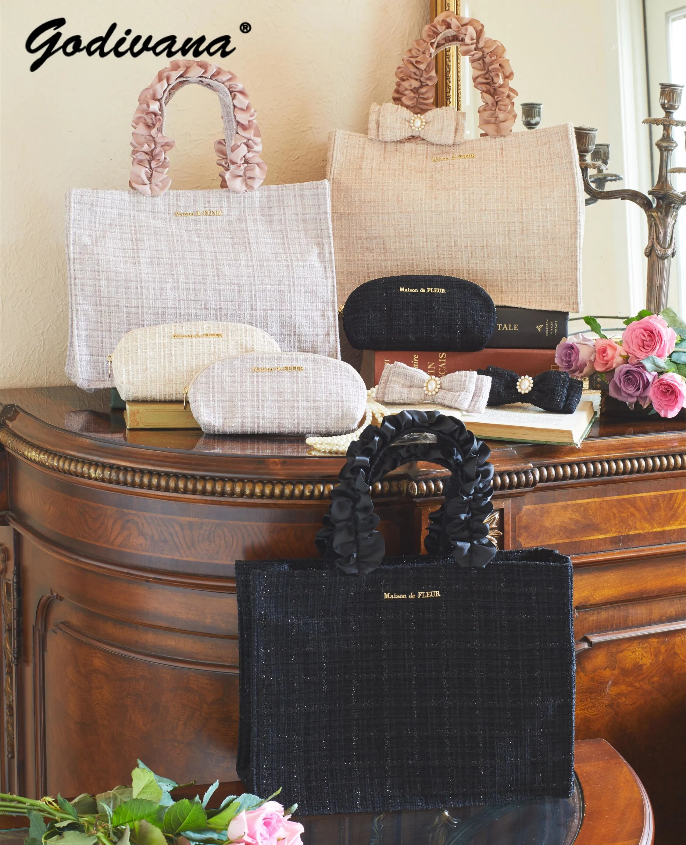 Japanese Style Houndstooth Flower Frill Square Portable Tote Bag ...