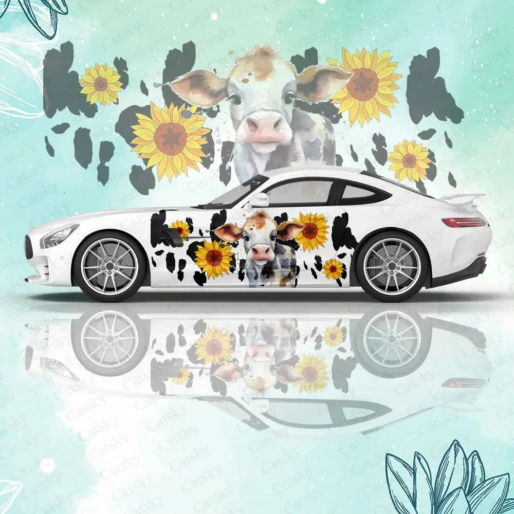 Custom-Sunflower-Cow-Print-Car-Sticker-Decal-Hood-Door-Body-Vinyl ...