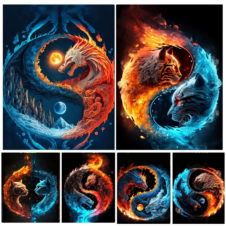Magnificent Diamond Painting Yin Yang Tiger Wolf Dragon Moon Scenery ...
