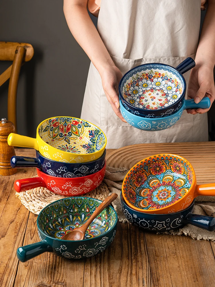 Bohemian-ceramic-handle-bowl-Household-fruit-salad-bowl-with-handle ...