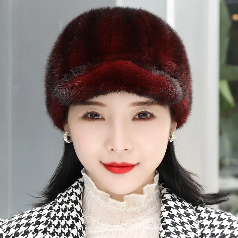 MS.MinShu-Mink Fur Hat for Women, Female Baseball Peaked Cap, Head ...
