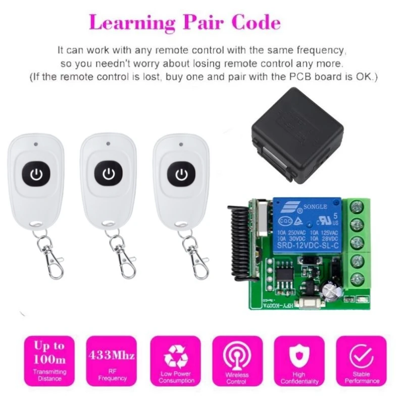 Universal-Wireless-Remote-Control-Switch-DC-12V-1CH-Relay-Receiver-Module-RF-Transmitter-433Mhz ...