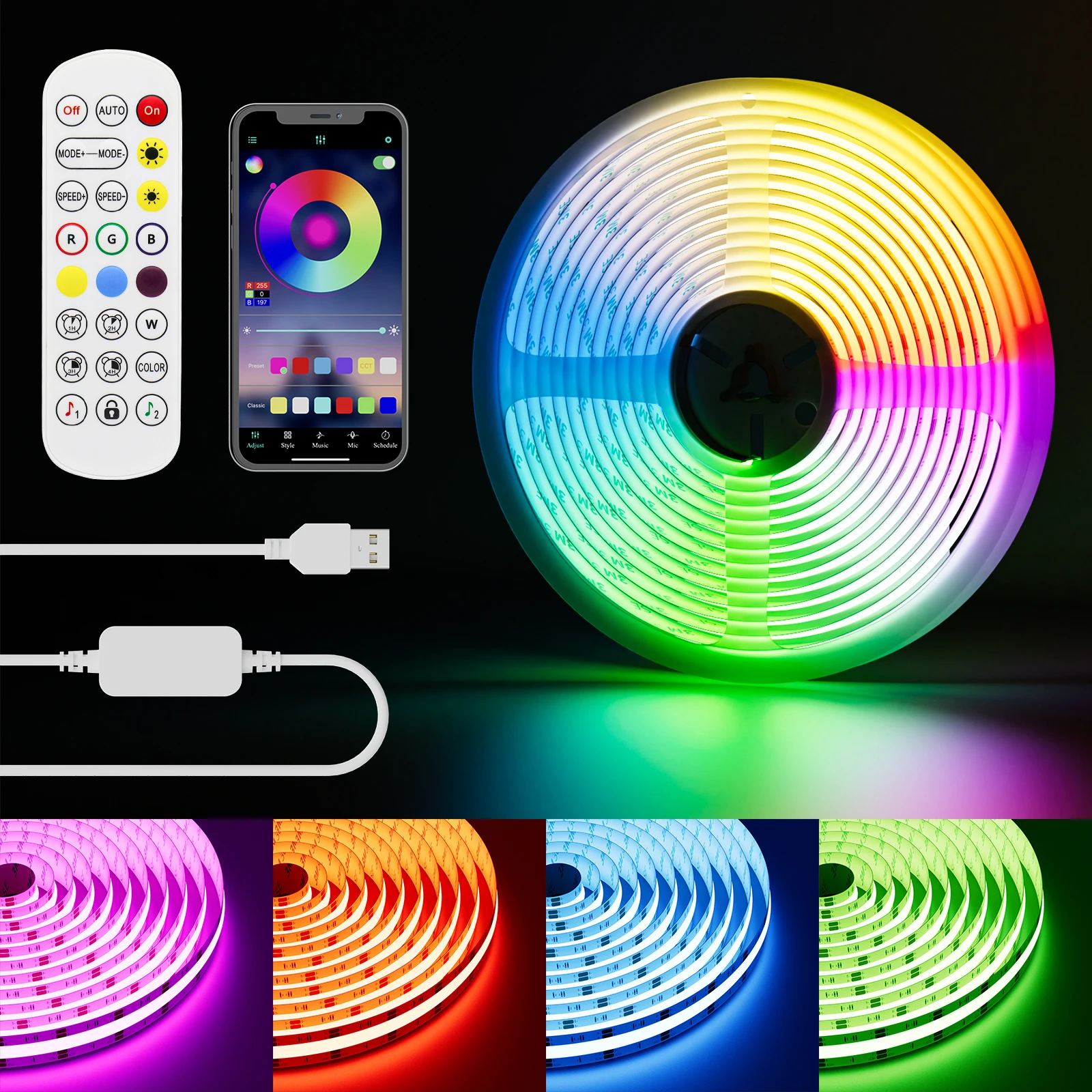 PAUTIX 5V USB RGB COB LED Strip Light Bluetooth APP Control 816LEDs ...