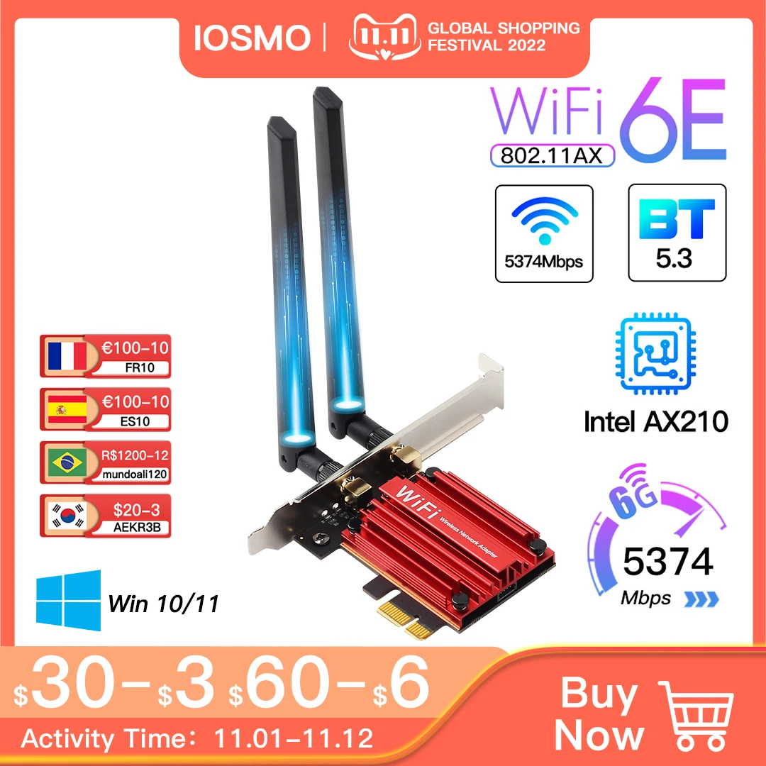 5374mbps wifi 6e intel ax210 bluetooth 5.2 tri band 2.4g/5g/6ghz ax210ngw 802.11ax pcie ...