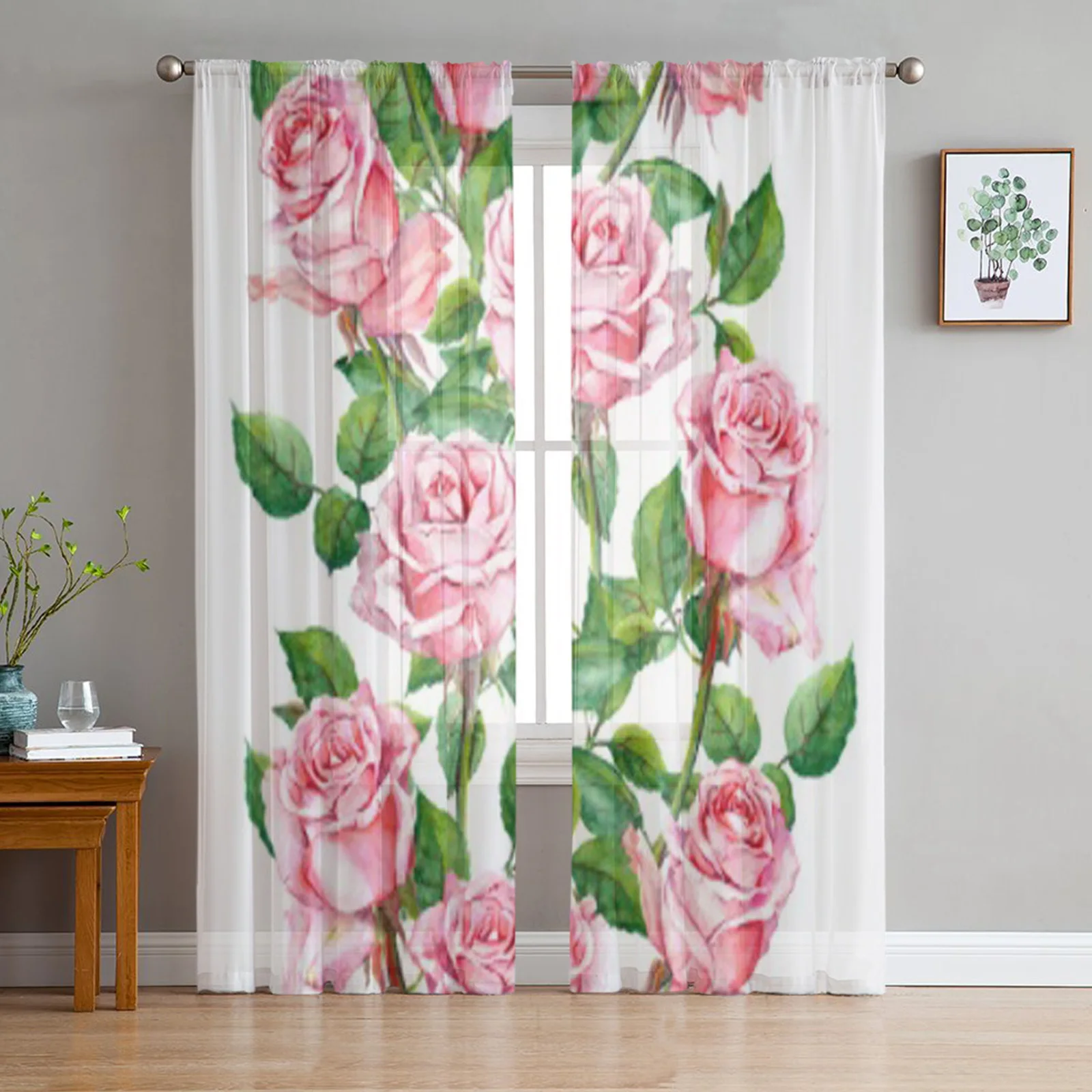 Repeating Floral Pink Rose Flowers Chiffon Sheer Curtains for Living ...