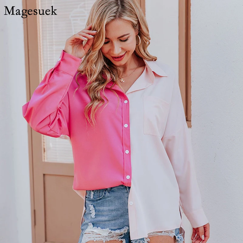 Loose-Casual-Shirts-Women-Contrast-Color-Patchwork-Button-Up-Shirt-Tops ...