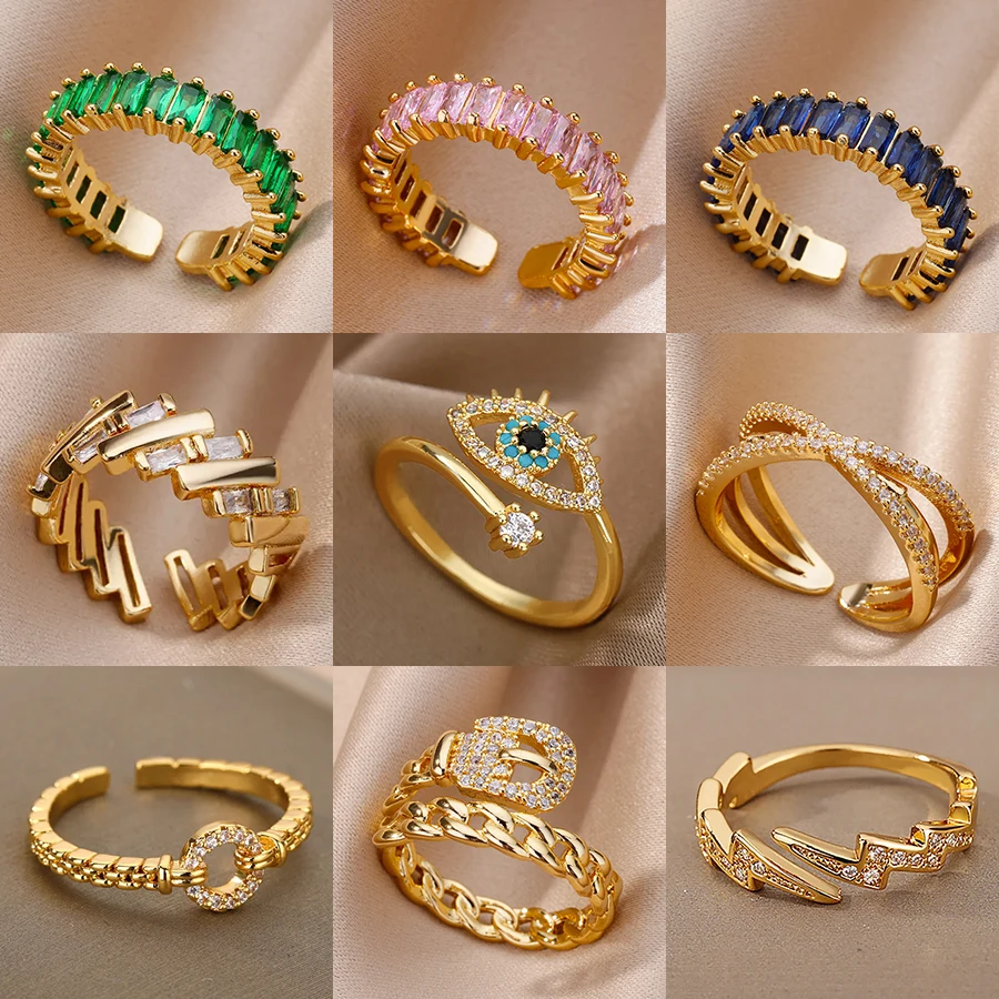 Cubic-Zircon-Rings-For-Women-Stainless-Steel-Gold-Color-Ring-Adjustable ...