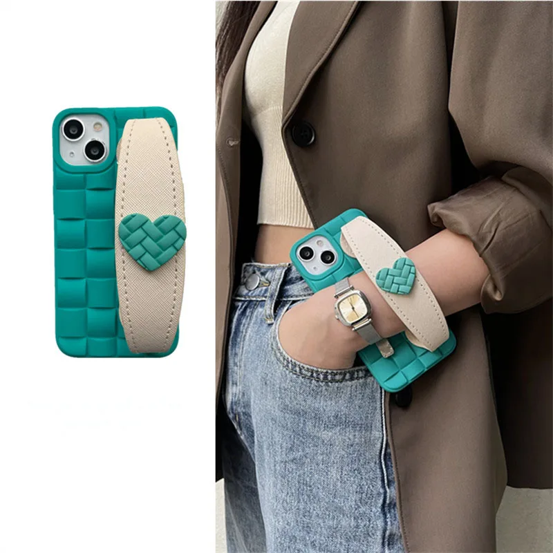 Luxury Lattice Weave Pattern Love Heart Wrist Strap Holder Phone Case ...