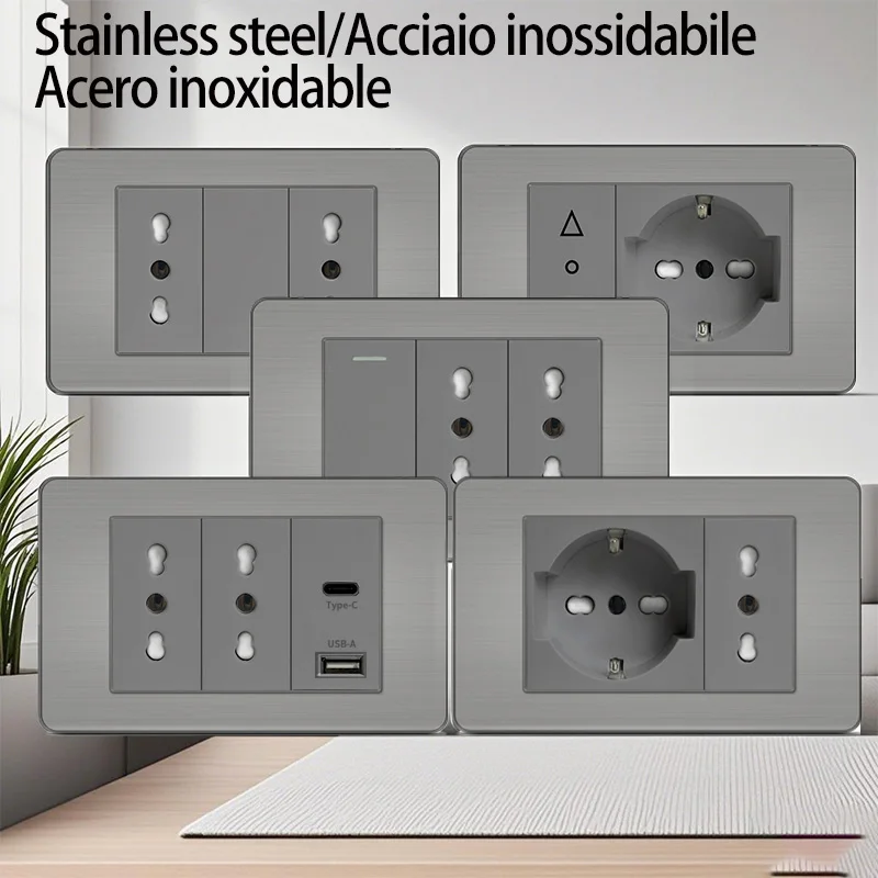 Stainless Steel Wall Socket 118x75mm Italian-Style with USB-C & Schuko ...