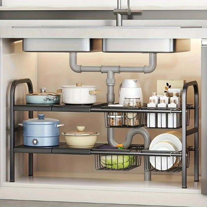 Kitchen-Under-Sink-Adjustable-Pot-Rack-2-Tiers-Multifunctional-Pots ...