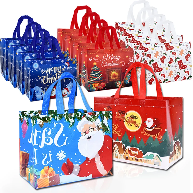 Christmas Tote Bag With Handles Santa Claus Snowman Candy Gift ...