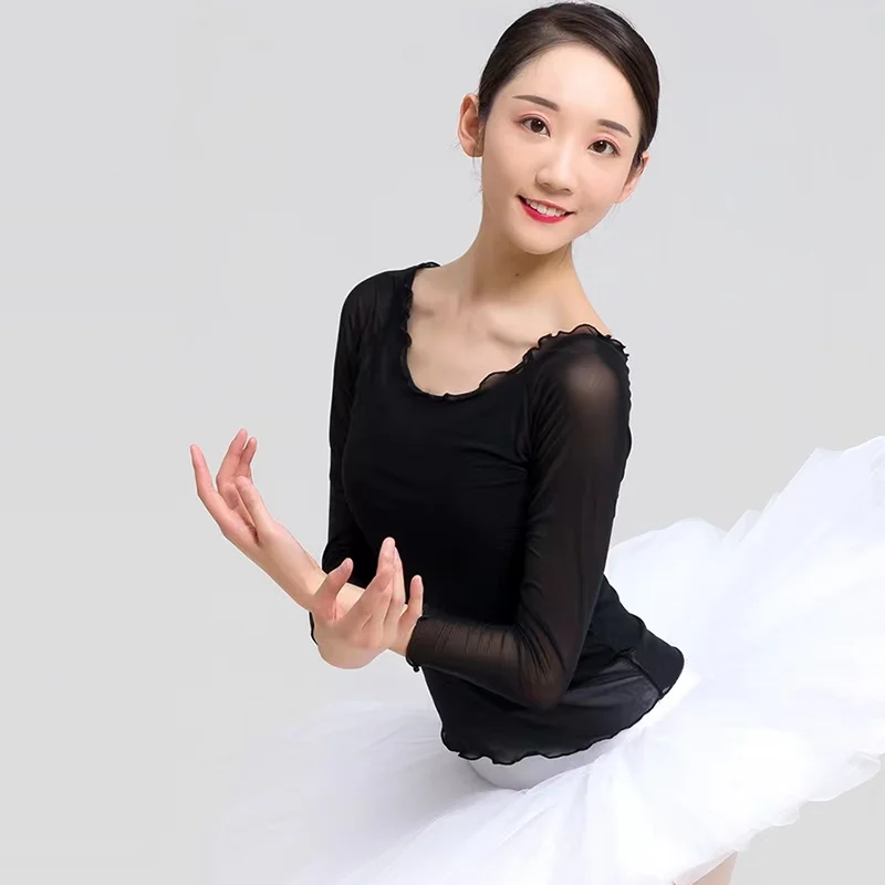 White Black Elastic Mesh Ruffle Long Sleeve Ballet Practice Leotard T ...
