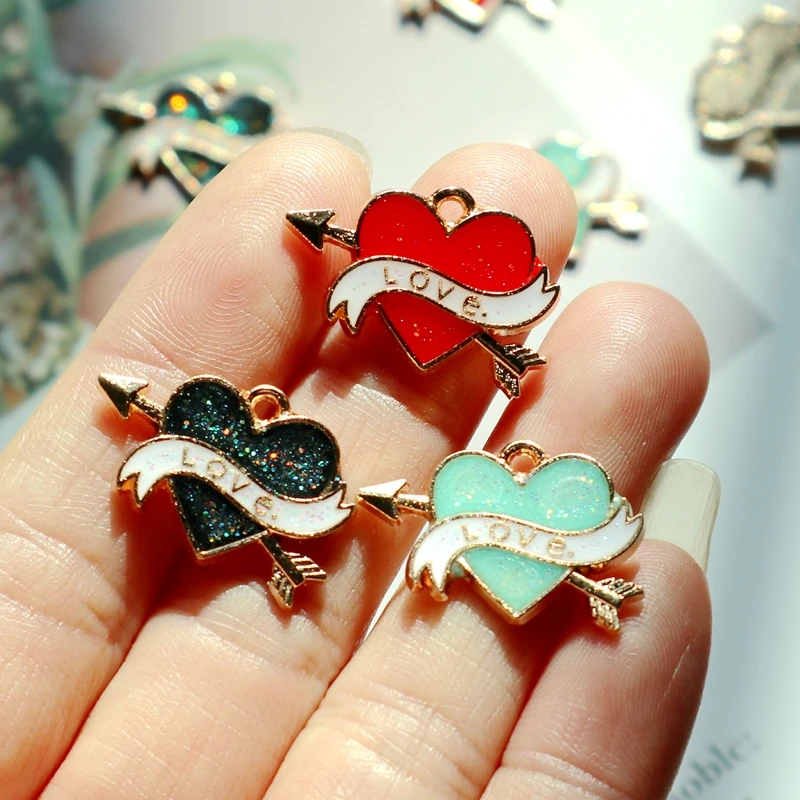 10PCS-Love-Word-Heart-Alloy-Enamel-Pendant-Cupid-Arrow-Sequin-Fashion ...