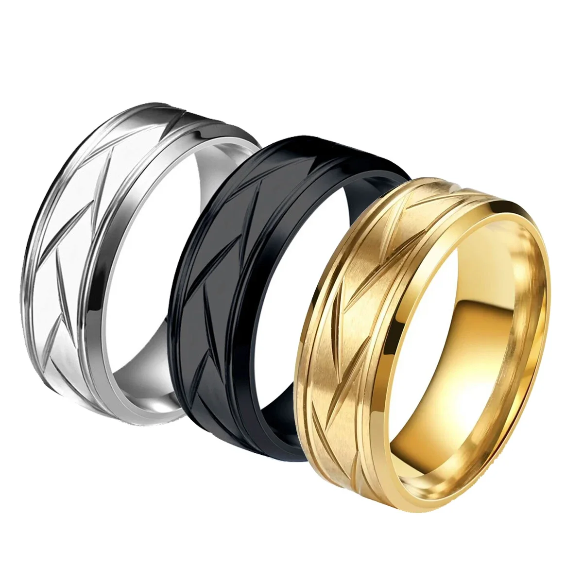Fashion-Men-s-Silver-Color-Black-Stainless-Steel-Ring-Groove-Multi ...