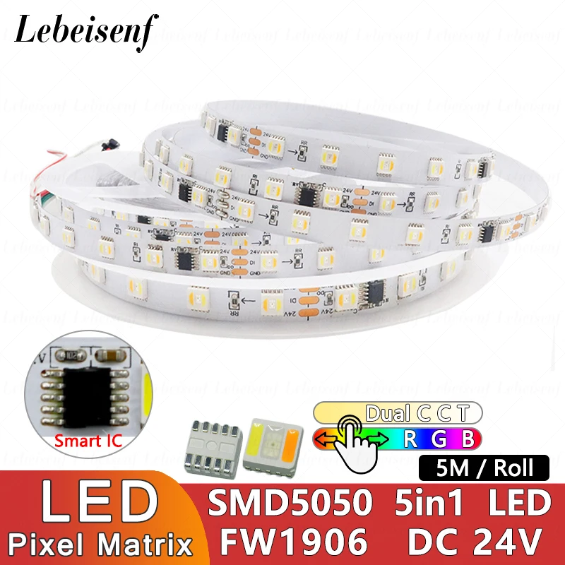 DC 24V FW1906 LED Strip 60LEDs/m SMD5050 RGBCCT 5 in 1 Color Constant Voltage SPI Flexible PCB ...