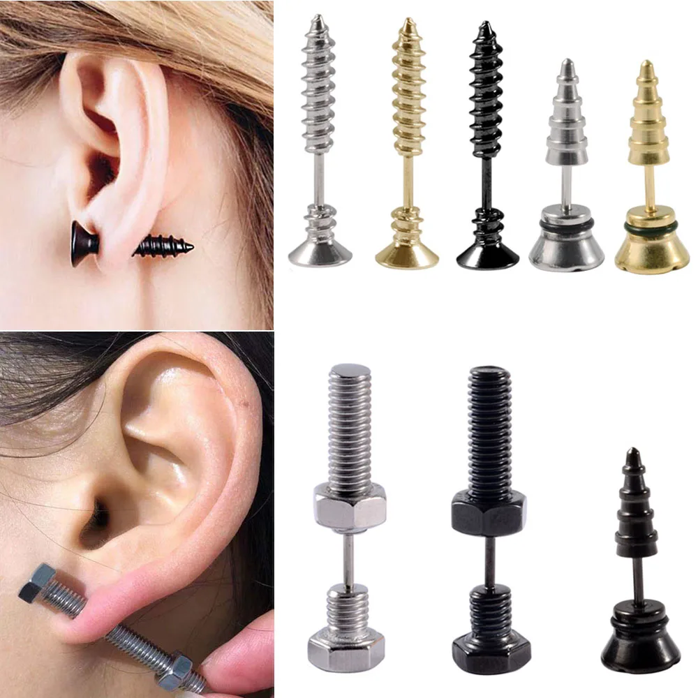 Pair-Stainless-Steel-Nail-Screw-Piercing-Stud-Earrings-Unisex-Punk-Rock ...