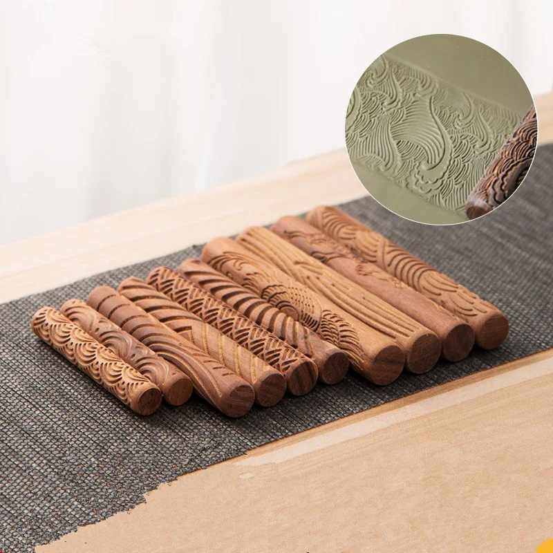 Pottery Texture Roller Tool, Wooden Stamping Rolling Pin for Ceramic ...