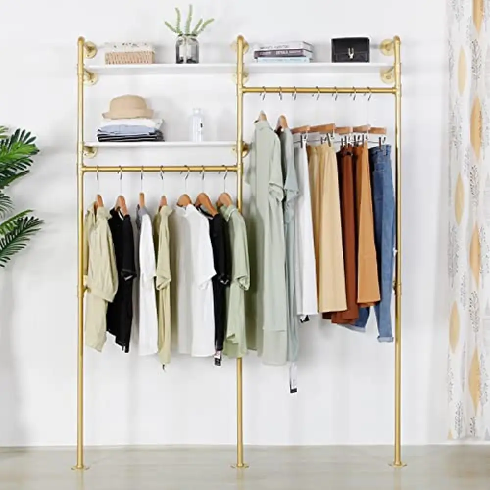 Industrial-Pipe-2-Tier-Shelf-Clothes-Rack-Double-Hanging-Rods-Wall ...