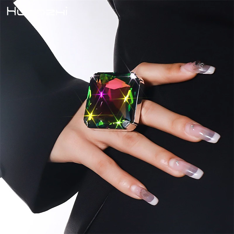 HUANZHI Colorful Geometric Square Glass Ring Rhinestone Large ...