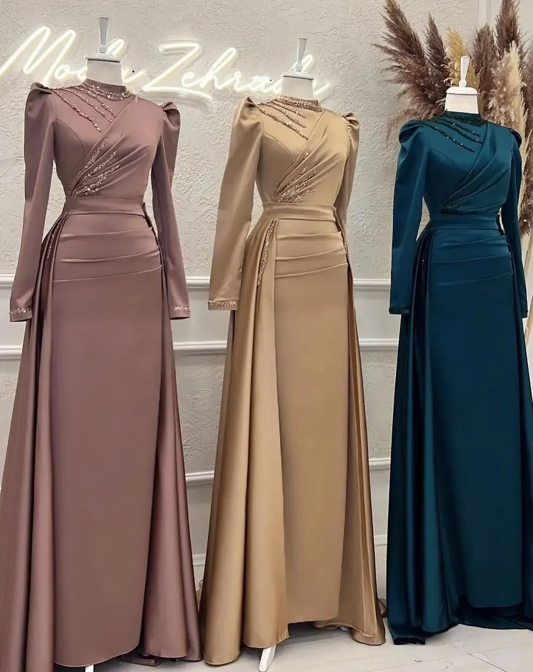 Elegant-Muslim-Prom-Dresses-High-Neck-Long-Sleeves-Moroccan-Caftan ...