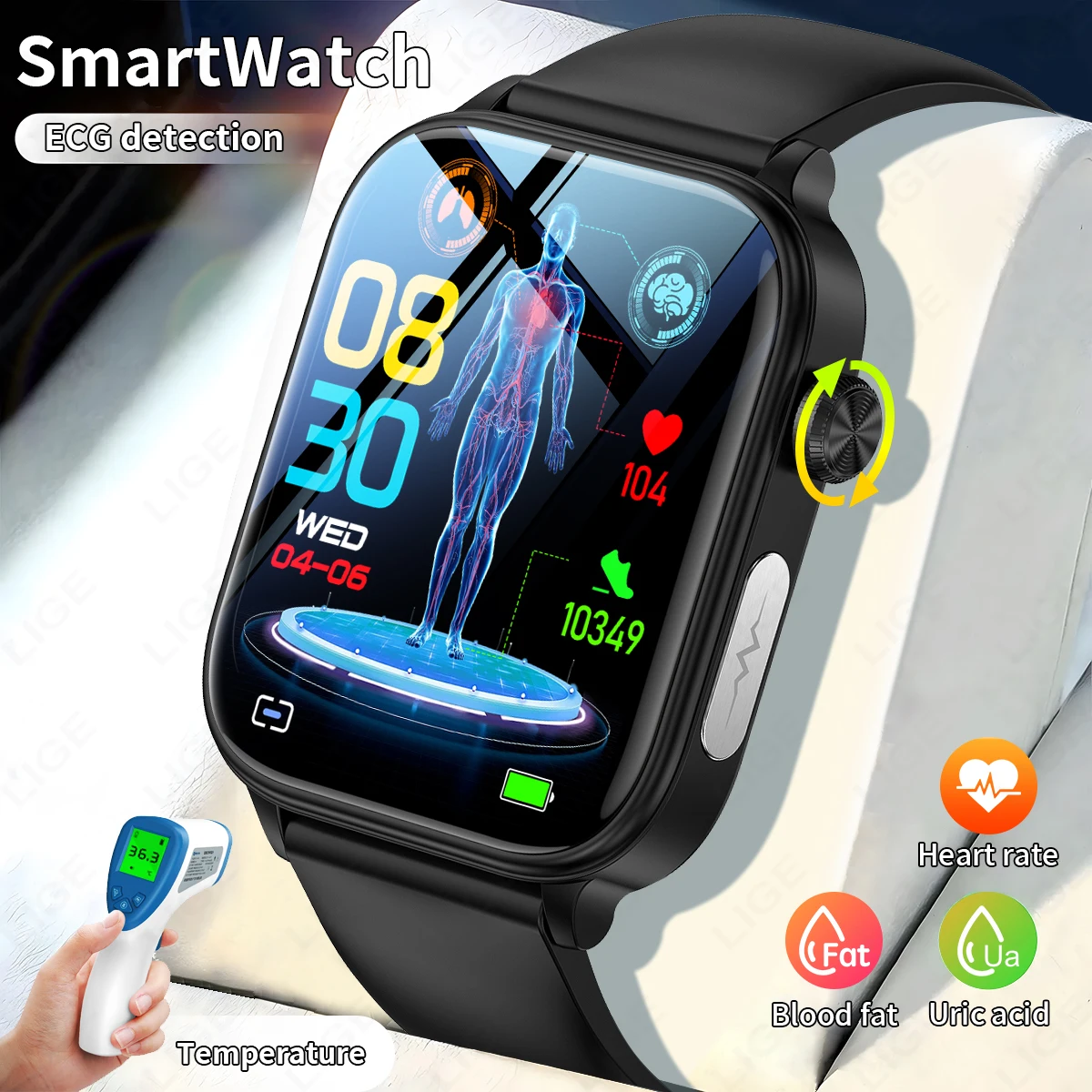 LIGE-New-Medical-Grade-ECG-Smart-Watch-For-Men-Uric-Acid-SOS-First-Aid ...