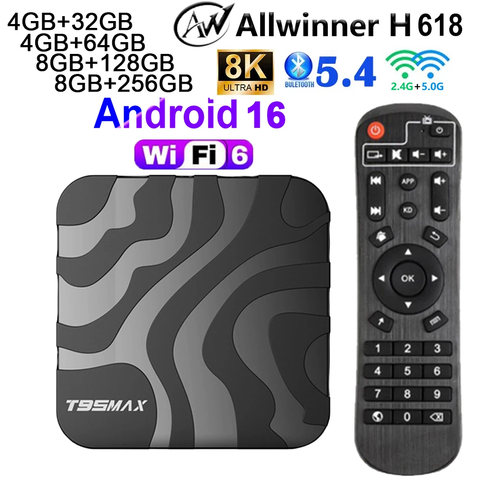 Android16 TV Box T95MAX AllwinnerH618 2.4G & 5G double Wifi6 prise en ...