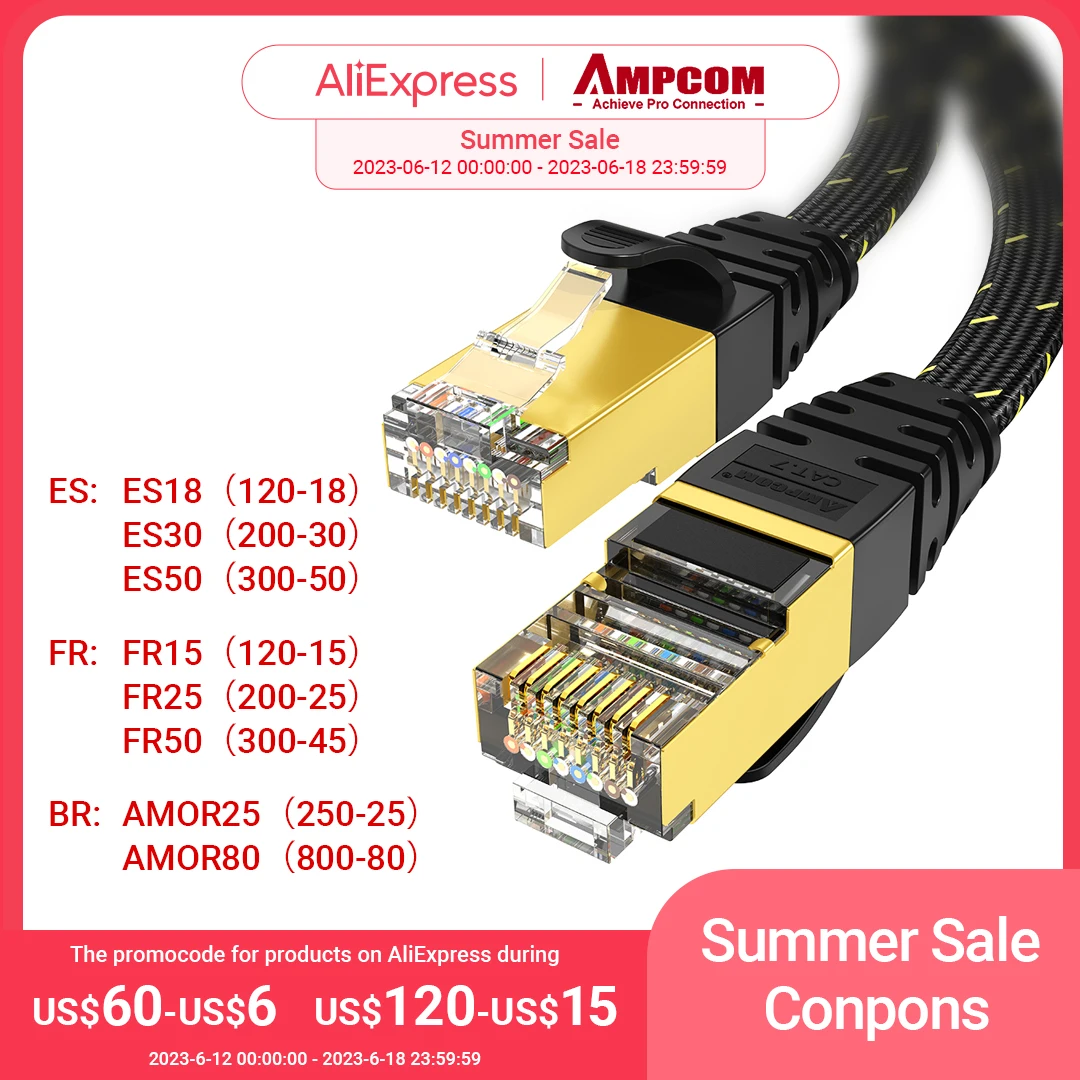 AMPCOM Flat Lan Ethernet Cable, Rodada SFTP, Cabo de Rede RJ45, Cabo ...