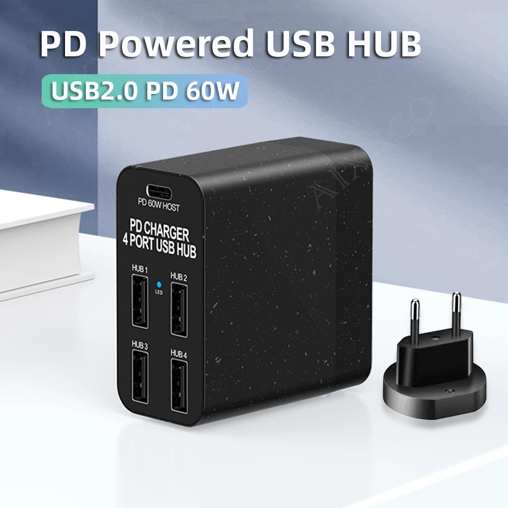 2 IN 1 Powered USB 2.0 HUB 5 Ports USB Extension with PD 60W Power Adapter Support For Laptop ...