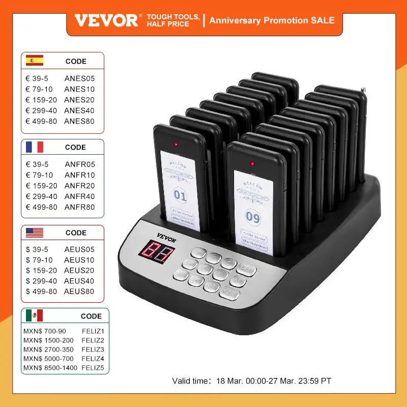 VEVOR Wireless Restaurant Buzzer Pager 16 Coasters Paging Guest Calling ...