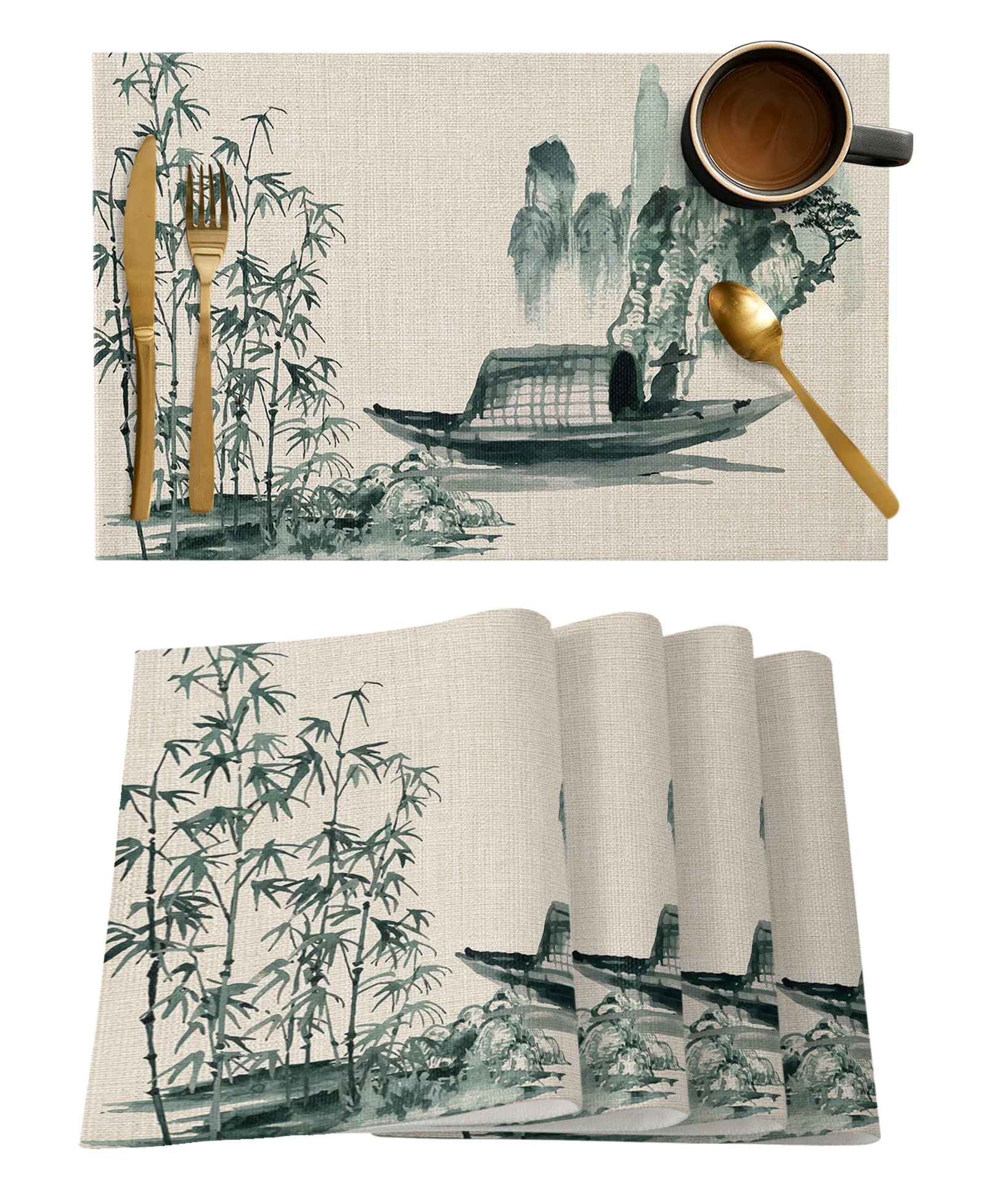 Chinese-Painting-Landscape-Bamboo-Boat-Table-Mat-Wedding-Holiday-Party ...