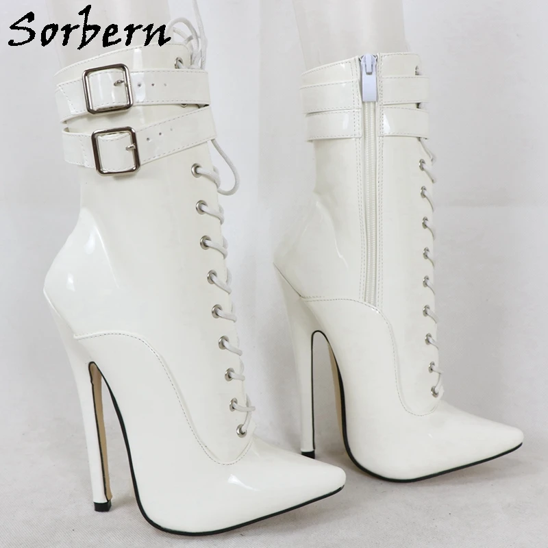 Sorbern-Fetish-High-Instep-Ankle-Boots-Women-Shiny-Lace-Up-Pointed-Toe ...