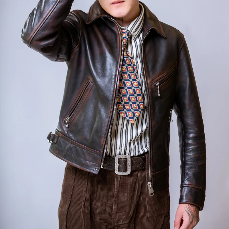 YR!Free shipping.Men Hevay soft thick tea core horsehide jacket.Classic ...
