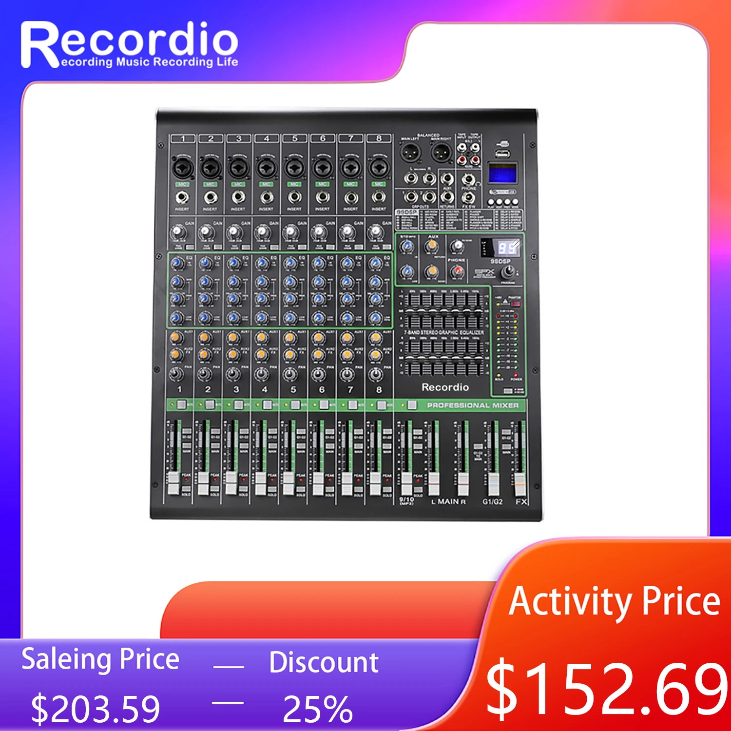 GAX XS8 Professional 8 channel Bluetooth Audio Mixer with USB MP3 ...