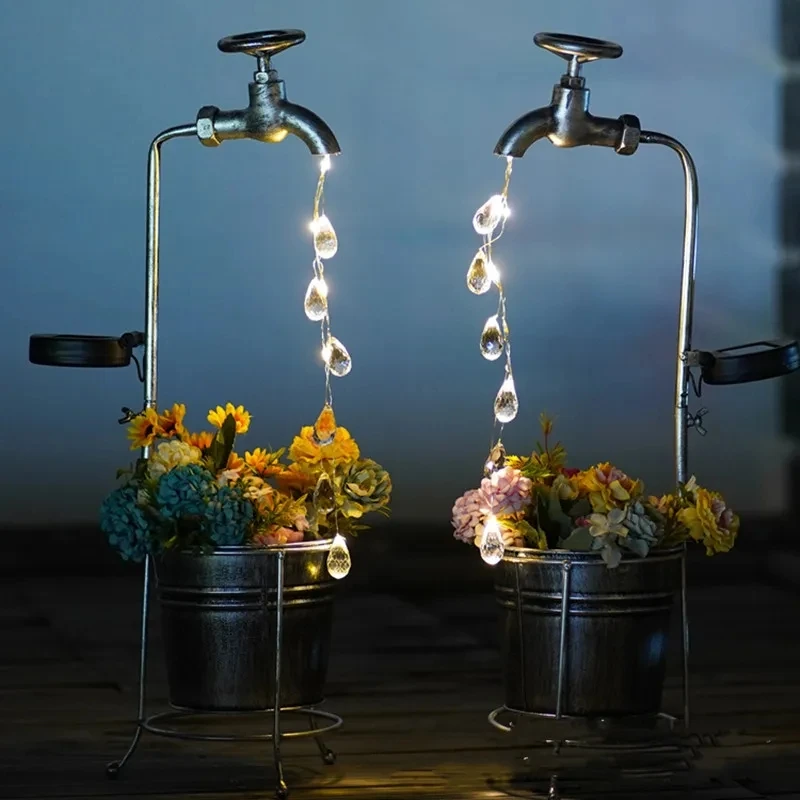 Solar-Watering-Tap-Lights-Led-Iron-Planter-Lantern-Waterproof-Yard ...