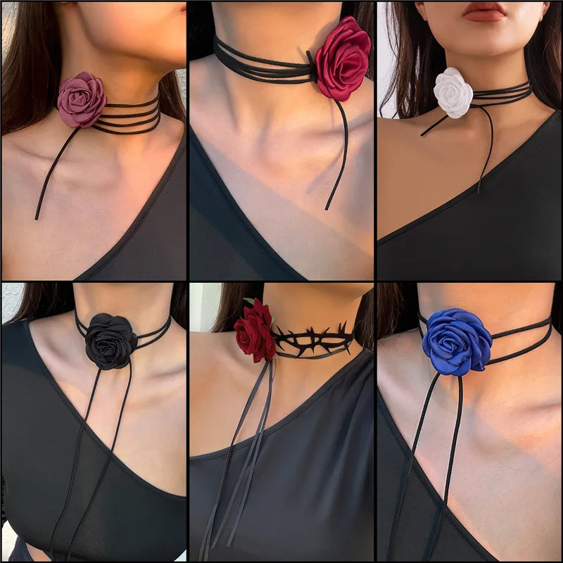 Ladies-Romantic-Big-Rose-Flower-Necklace-For-Women-Korean-Fashion-Long ...