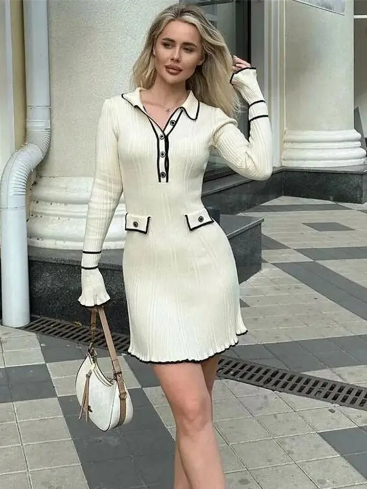 Ladies Short Ruffled Knitted Dress Women Ribbed Contrast Long Sleeve ...