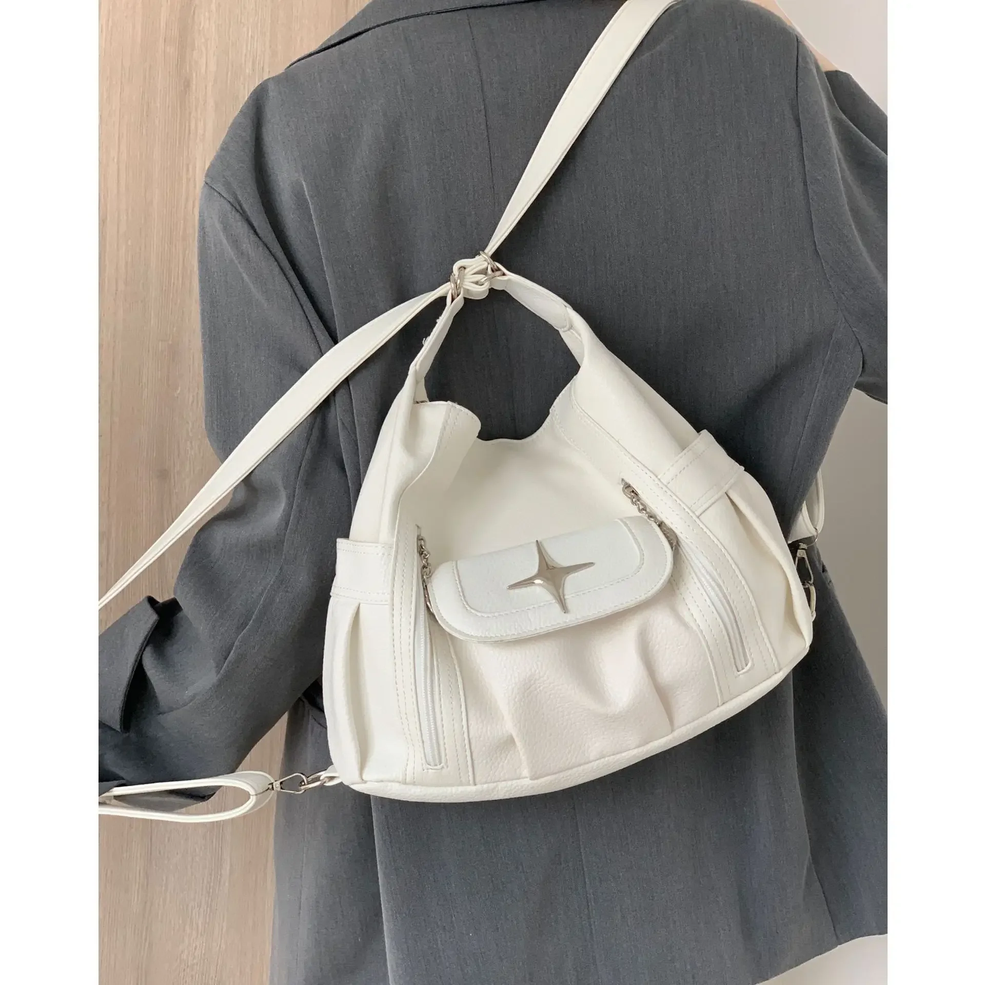 Y2k-Large-Capacity-Shoulder-Bag-White-Pu-Leather-Cross-Handbag-American ...
