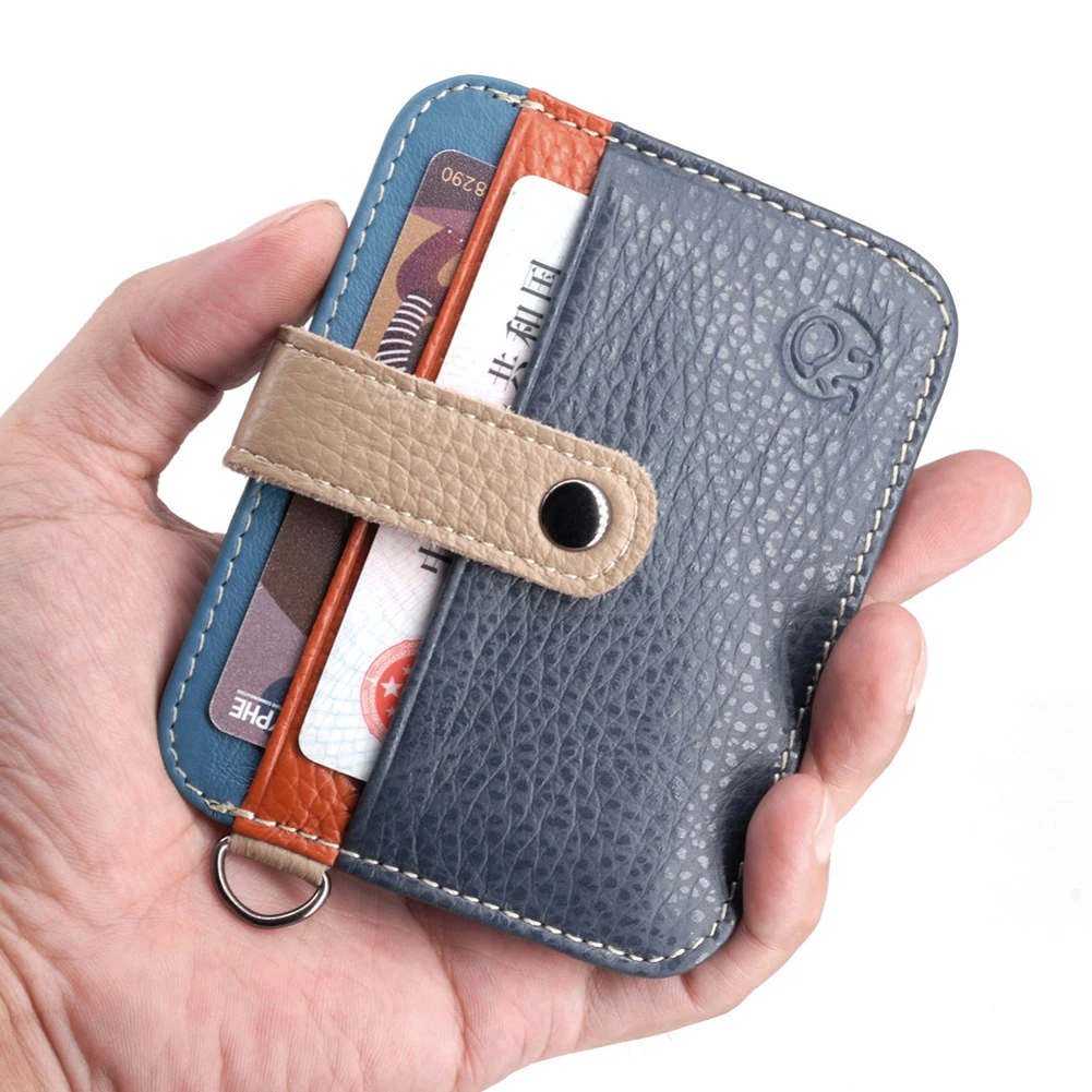 100% Cowhide Leather Thin Credit Card Holder Mini Wallets Key Holder ...