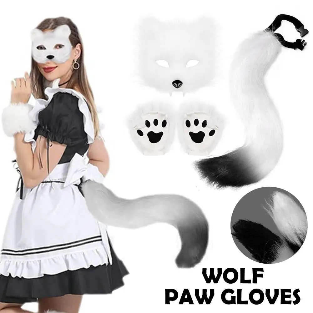 Fluffy Fur Tail Mask Gloves Cat Paws Gloves And Wolf Therian Mask Set ...