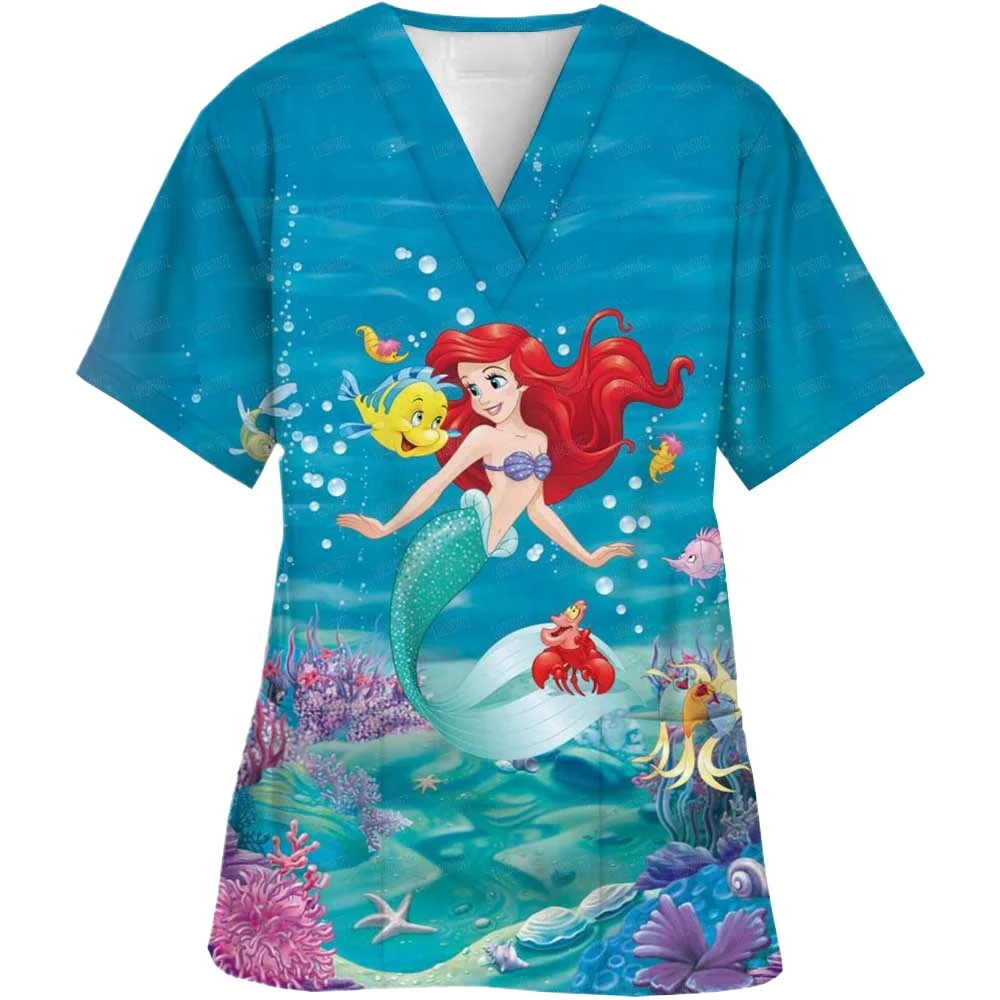 Disney-Princess-Ariel-Elsa-Print-Scrub-Tops-Women-Dentist-Working ...