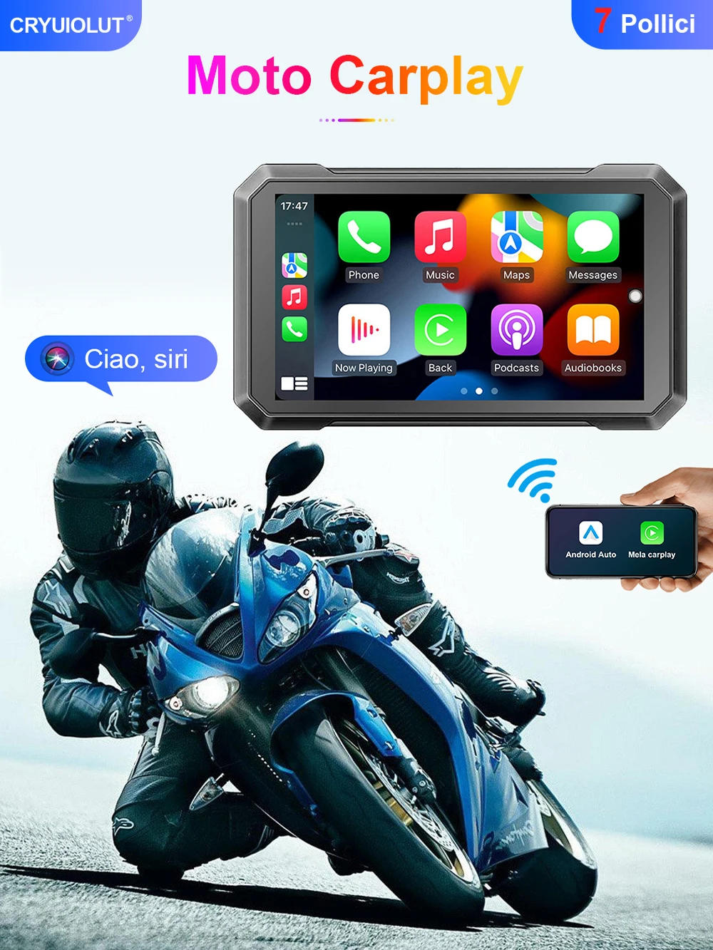 7 Inch Motorcycle Wireless Apple Carplay Portable GPS Navi Navigation Moto Android Auto ...