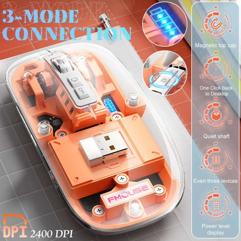 Wireless Bluetooth Mouse With Tri Mode 2.4G BT1 BT2 Rechargeable Silent Magnetic Suction ...