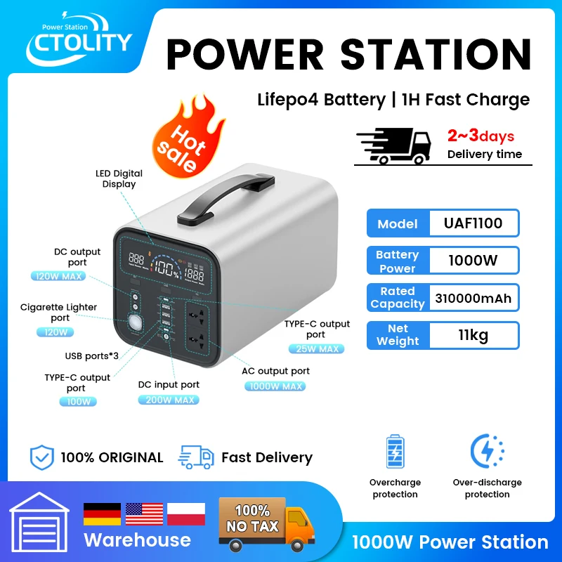 1000W Portable Power Station 1024wh Lifepo4 Battery for Camping Pure ...