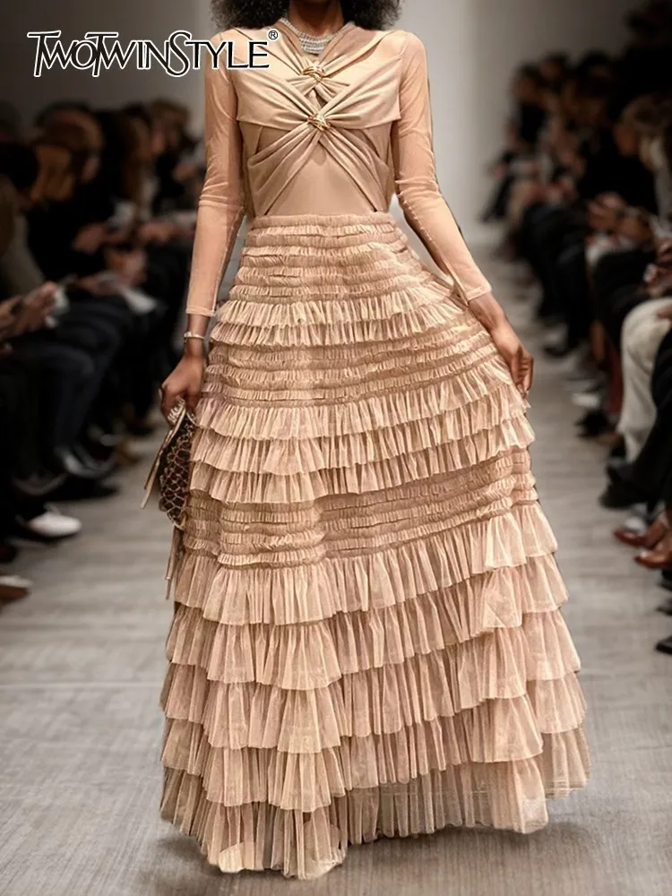 TWOTWINSTYLE-Patchwork-Mesh-Dresses-For-Women-V-Neck-Long-Sleeve-High ...