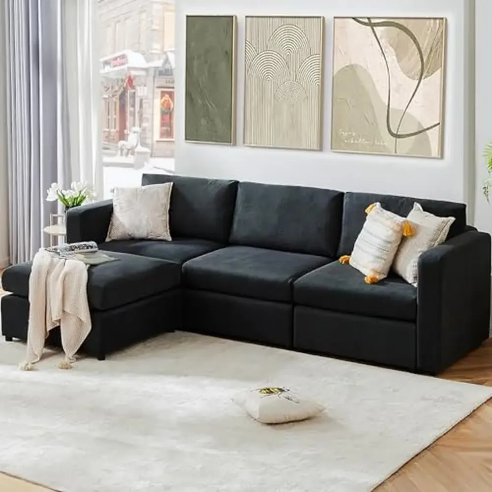 Large-Modern-Black-Sectional-Couch-Set-L-Shape-Living-Room-Sofa-4-Seat ...