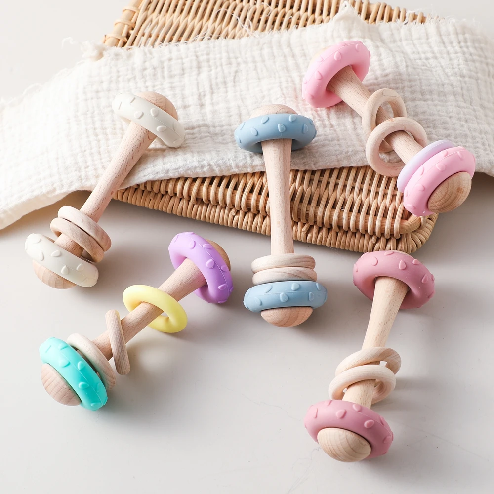 Baby Toys Wooden Rattles Silicone Ring Baby 0 12 Months Toys Rattles ...