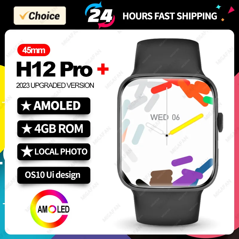 H12 Pro Plus AMOLED Smart Watch Men Women 45mm Always on Display NFC Compass Smartwatch 4GB ROM ...